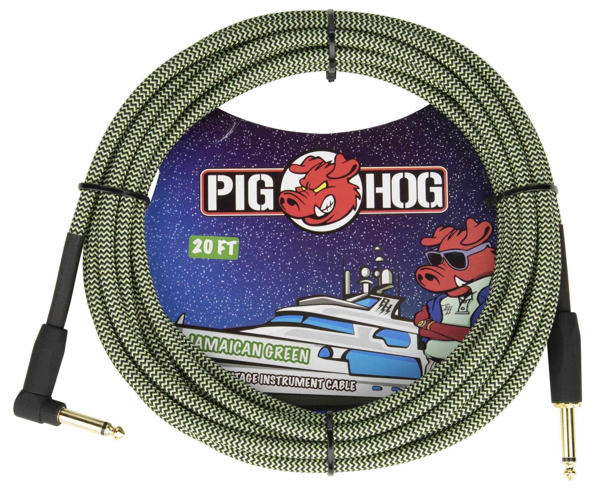 PIG HOG "JAMAICAN GREEN" INSTRUMENT CABLE, 20FT RIGHT ANGLE